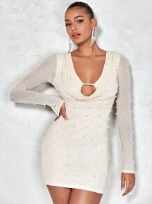 SHEIN BAE Pearls Beaded Cut Out Draped Front Split Cuff Bodycon Dress ...