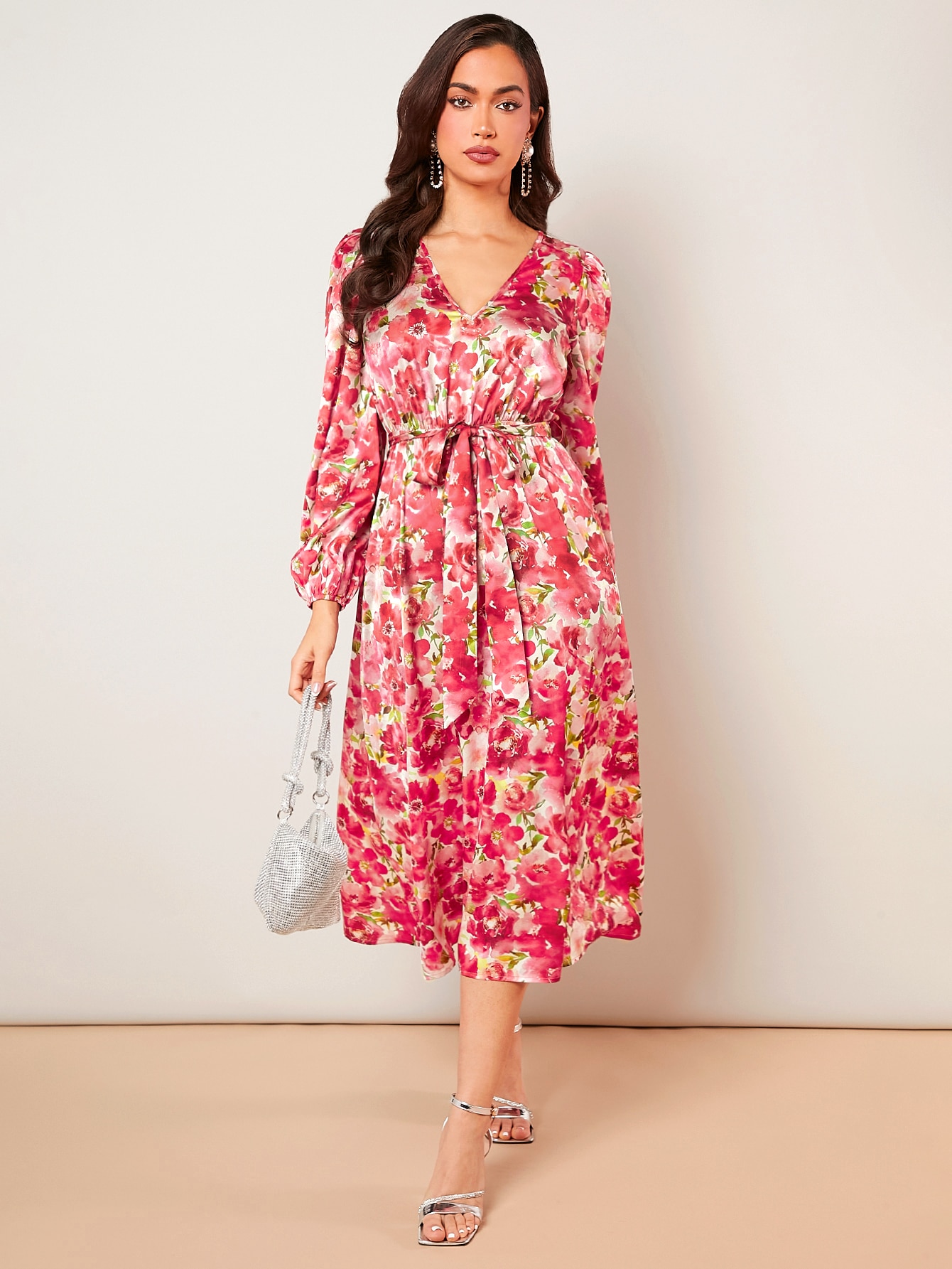 SHEIN Clasi Floral Print Lantern Sleeve Belted Dress | SHEIN USA