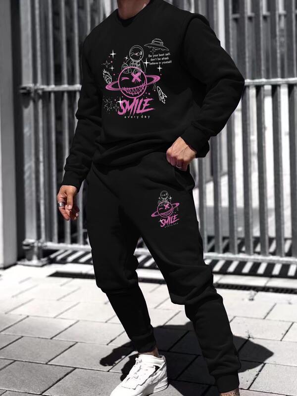 Manfinity LEGND Men Cartoon & Slogan Graphic Sweatshirt & Sweatpants ...