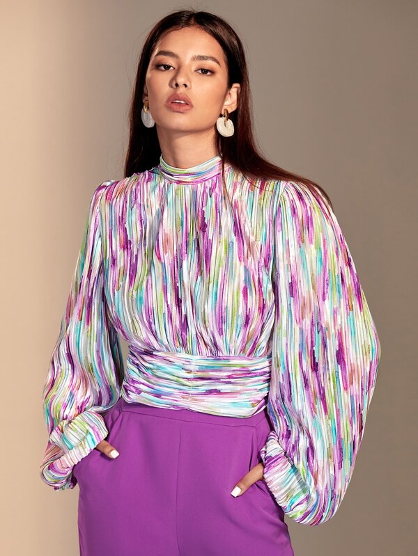 SHEIN BIZwear Allover Print Mock Neck Keyhole Back Ruched Lantern ...