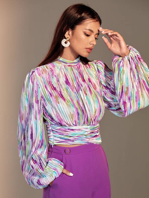 Shein Bizwear Allover Print Mock Neck Keyhole Back Ruched Lantern