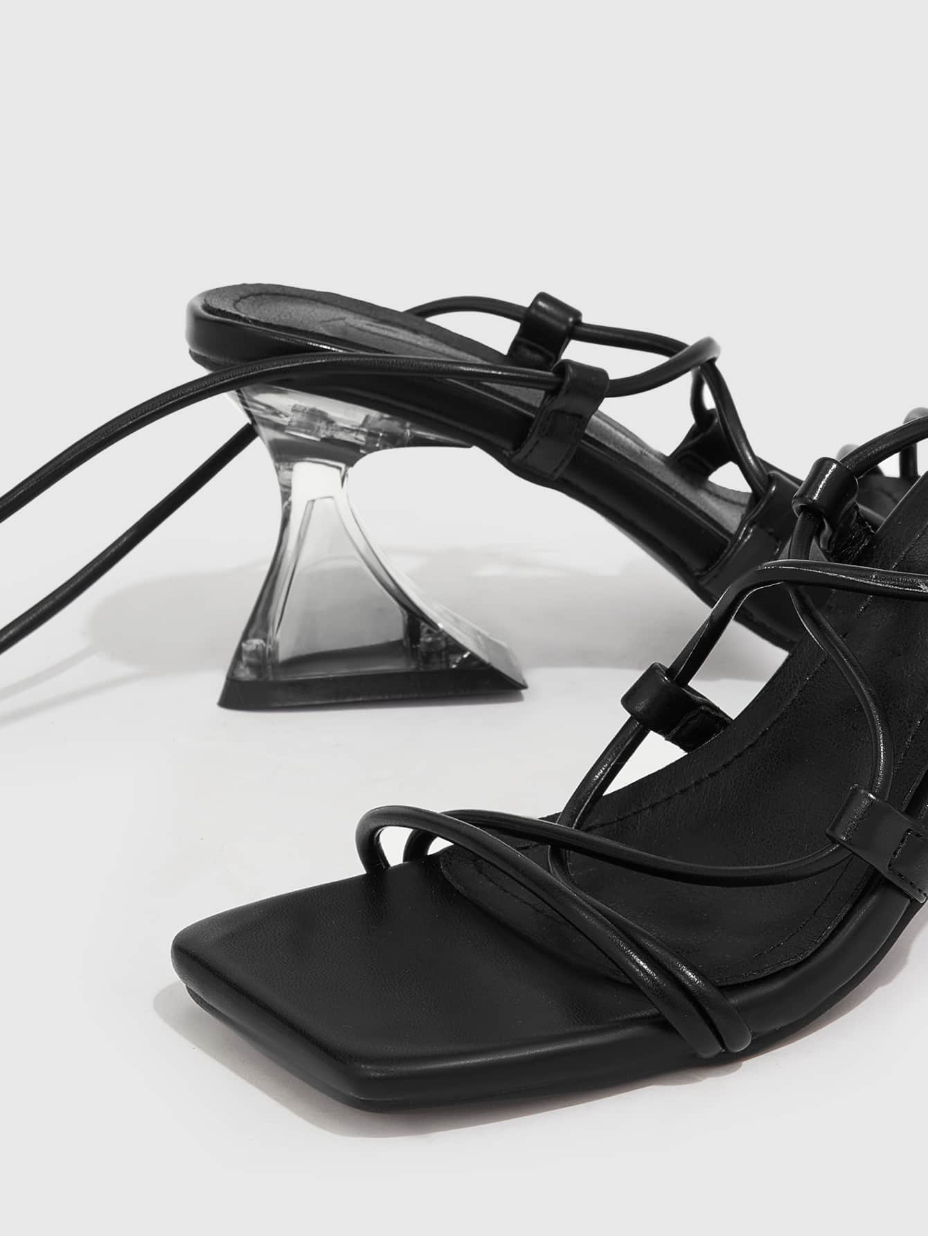 CUCCOO SZL Woman Shoes Square Toe Tie Leg Design Black Sculptural ...