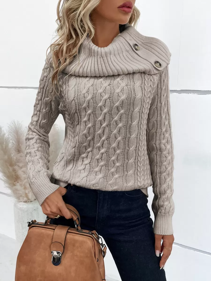 EMERY ROSE Pile Collar Cable Knit Raglan Sleeve Sweater,Long Sleeve ...