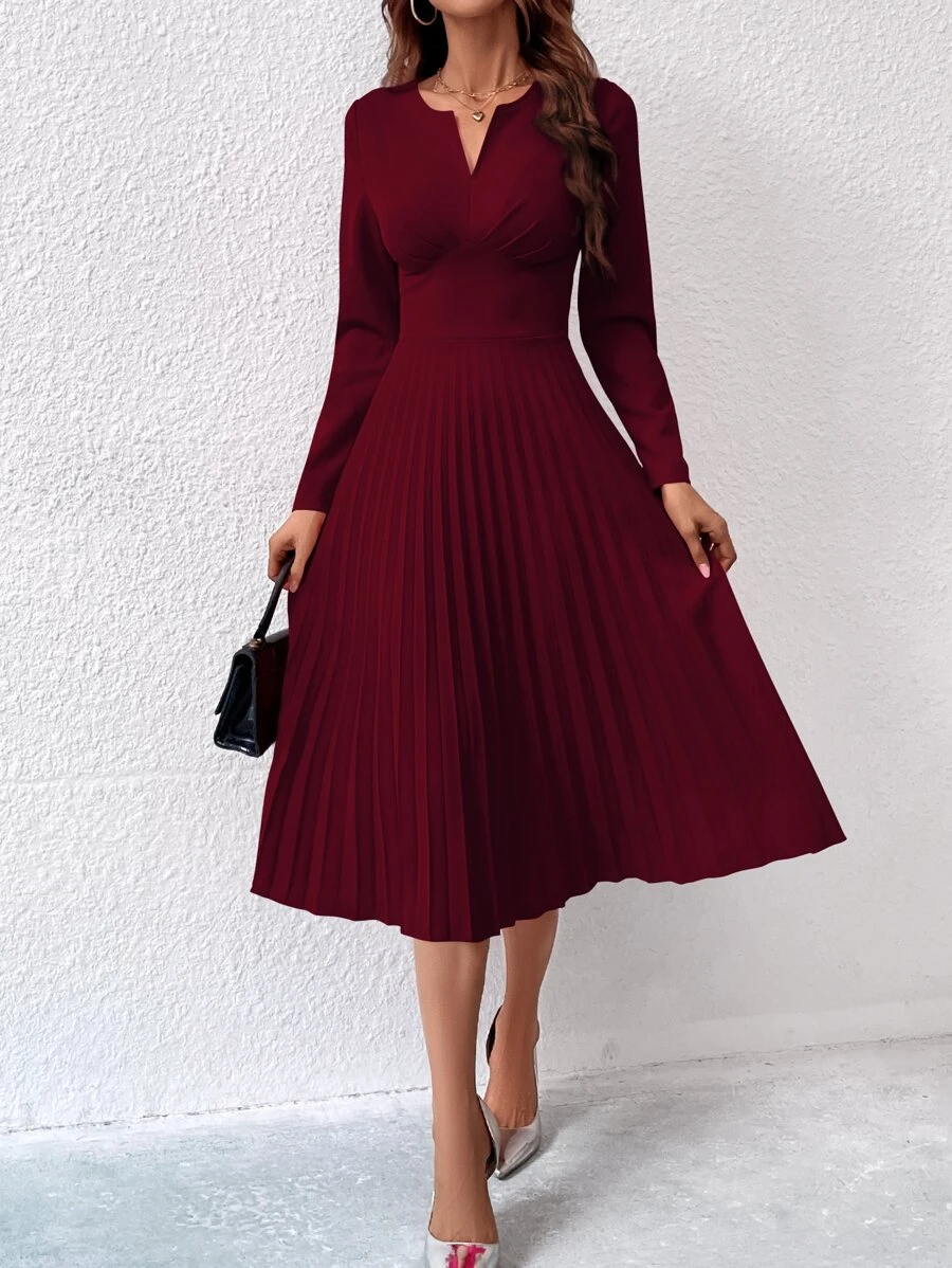 EMERY ROSE Notched Neckline Pleated Hem Dress Burgundy Maxi Women ...
