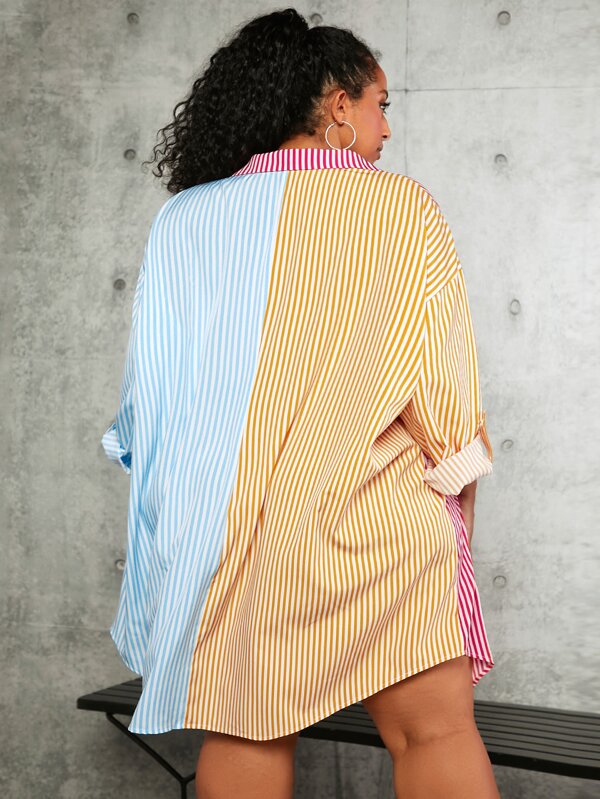 SHEIN FIT+ Plus Striped Print Colorblock Drop Shoulder Shirt Dress ...