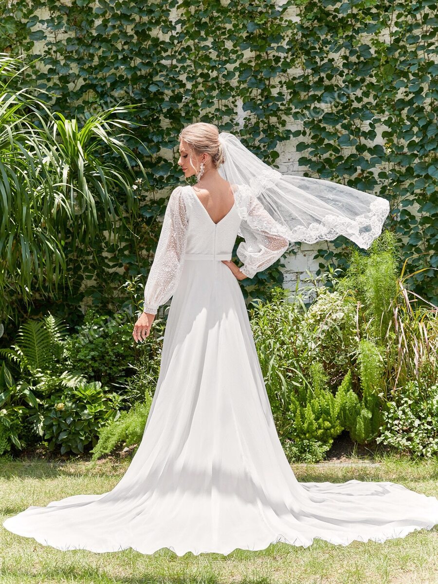 Contrast Mesh V-neck Lantern Sleeve Chiffon Wedding Dress Without Veil ...