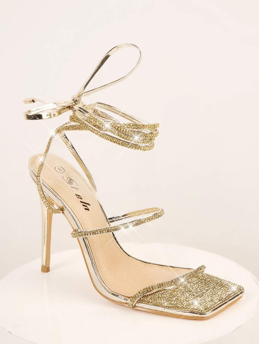 SHEIN SHUZIA Metallic Jeweled Detail Wrap Around Ankle Heels For ...