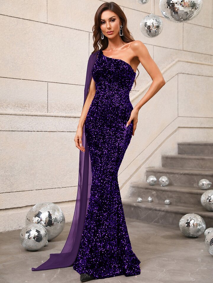 One Shoulder Contrast Mesh Cloak Sleeve Sequins Prom Dress | SHEIN UK