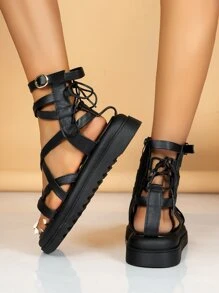 Fashion Black Sandals For Women, Lace-up Back Zipper Side Flatform ...
