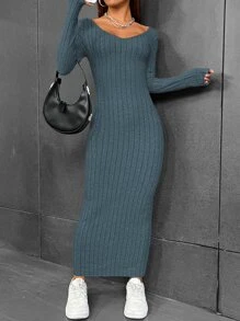 SHEIN EZwear Solid Ribbed Knit Bodycon Dress | SHEIN UK