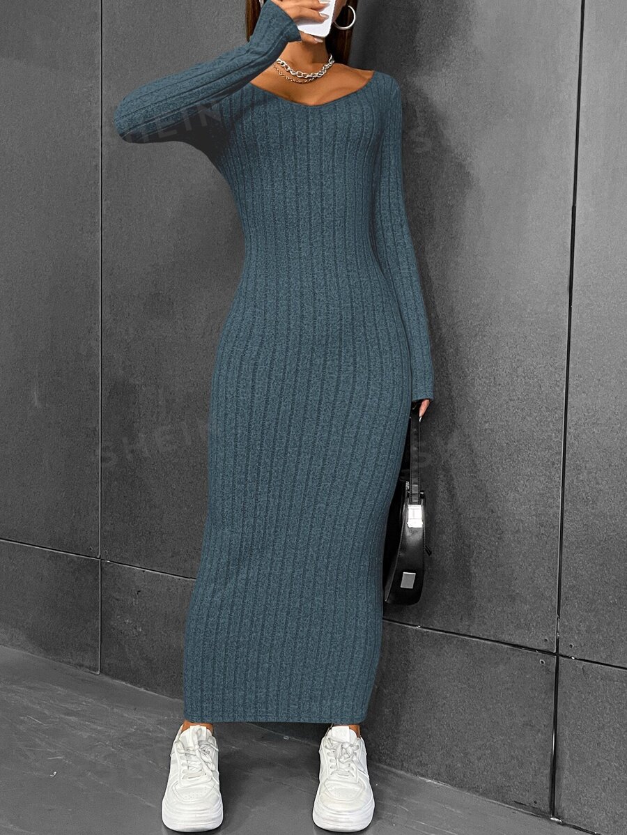 SHEIN EZwear Solid Ribbed Knit Bodycon Dress | SHEIN UK