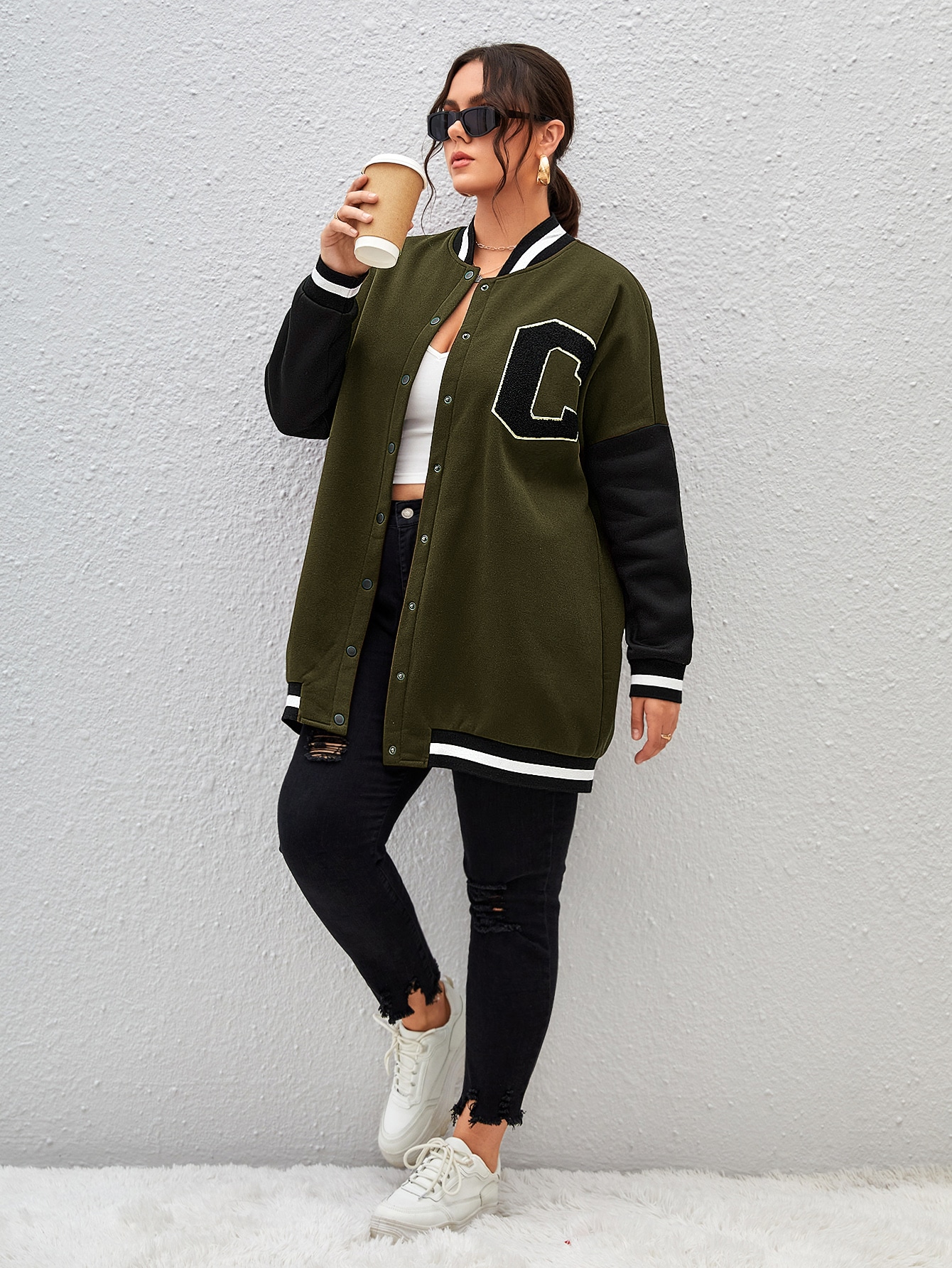 SHEIN EZwear Plus Letter Patched Striped Trim Drop Shoulder Varsity Jacket | SHEIN UK