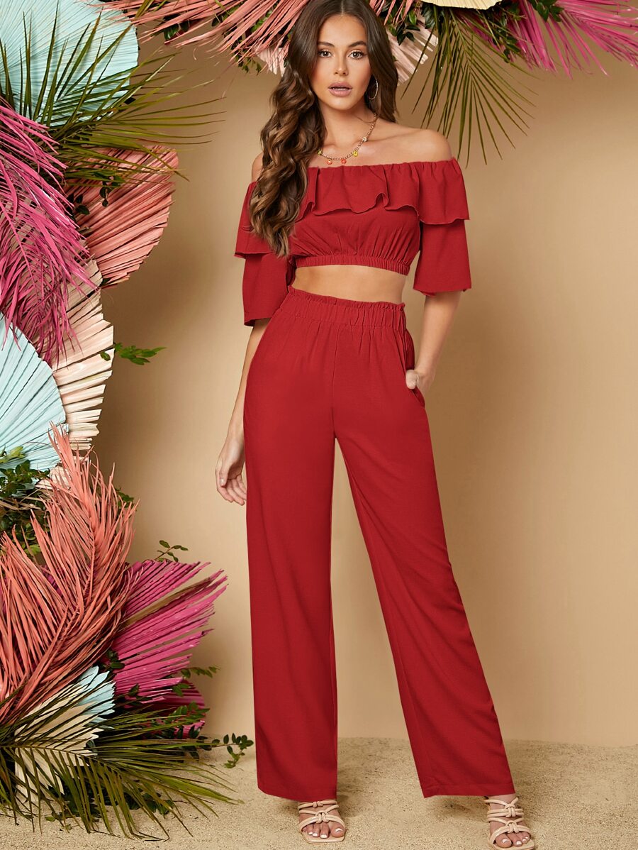 SHEIN VCAY Off Shoulder Ruffle Trim Crop Top & Paper Bag Waist Pants ...