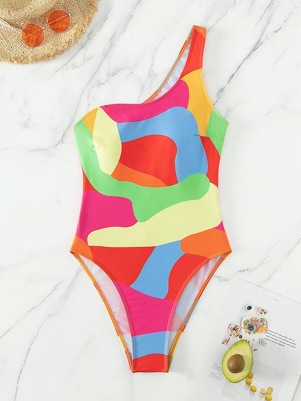 SHEIN Swim Vcay Color Block One Shoulder One Piece Swimsuit | SHEIN USA