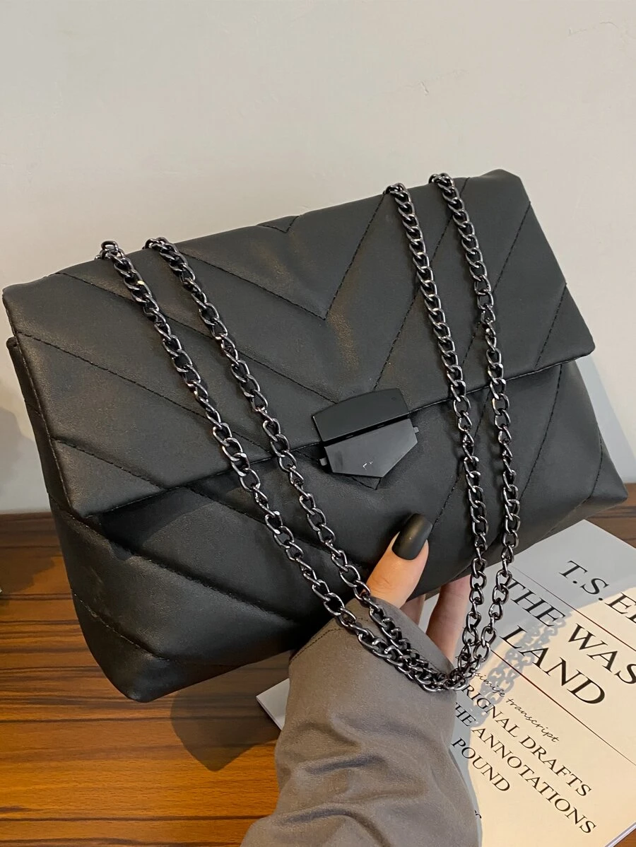 Chevron Quilted Push Lock Flap Chain Square Bag Classic Trendy Quilted ...