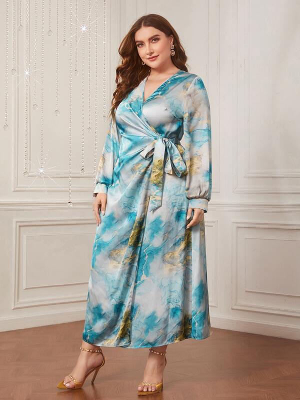 Shein Modely Plus Marble Print Wrap Knot Side Dress Shein Uk