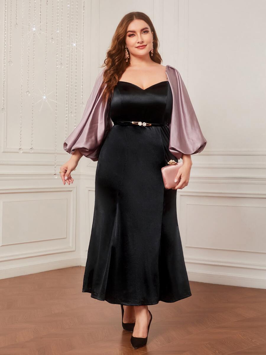 Shein Modely Plus Colorblock Sweetheart Neck Lantern Sleeve Mermaid Hem