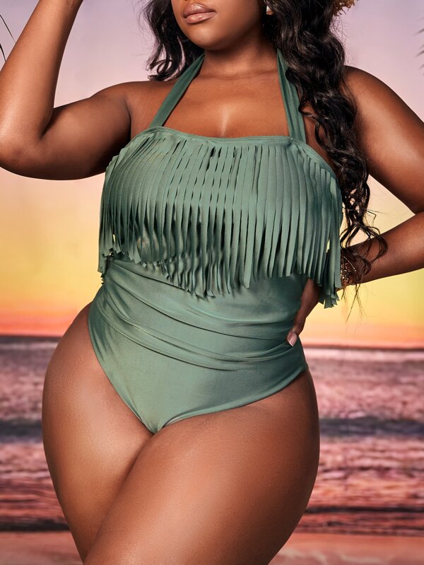 Plus Fringe Trim Ruched Halter One Piece Swimsuit Shein Usa