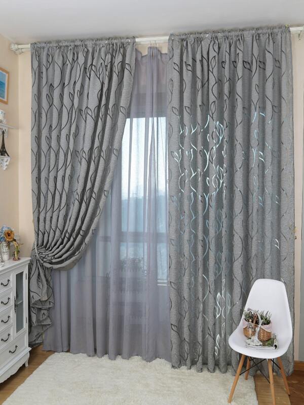 1pc Leaf Pattern Sheer Panel Curtain, Modern Polyester Light Filtering ...