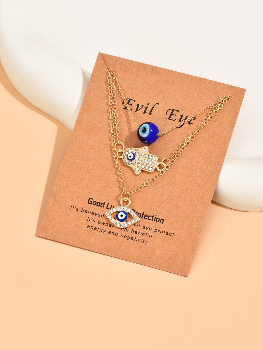 3pcs Evil Eye & Rhinestone Hamsa Hand Charm Necklace | SHEIN USA