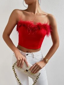 Allurite 1pc Fuzzy Trim Bustier Crop Tube Top | SHEIN USA