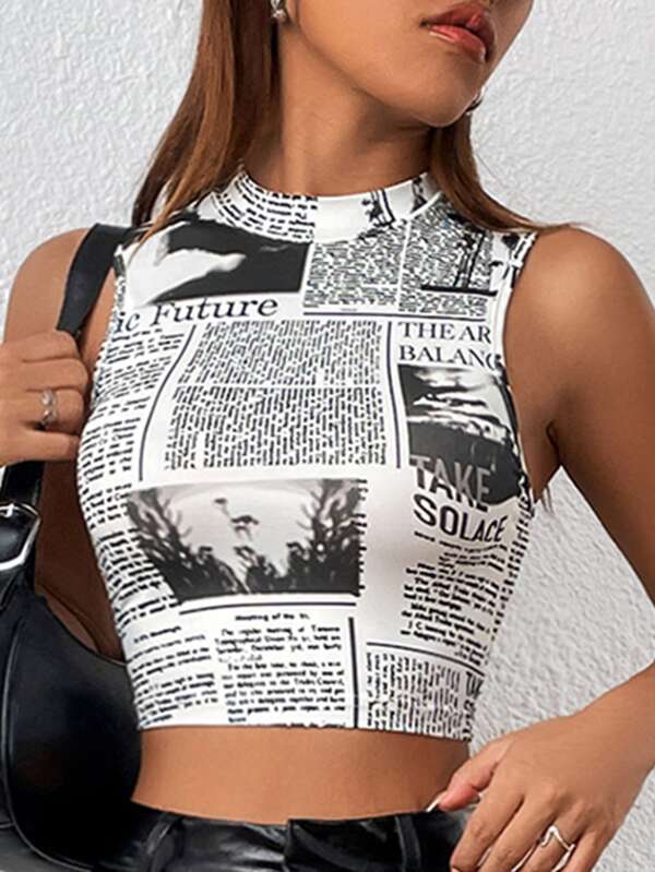 Shein Coolane Top Tank Crop Con Estampado De Periódico De Cuello Alto