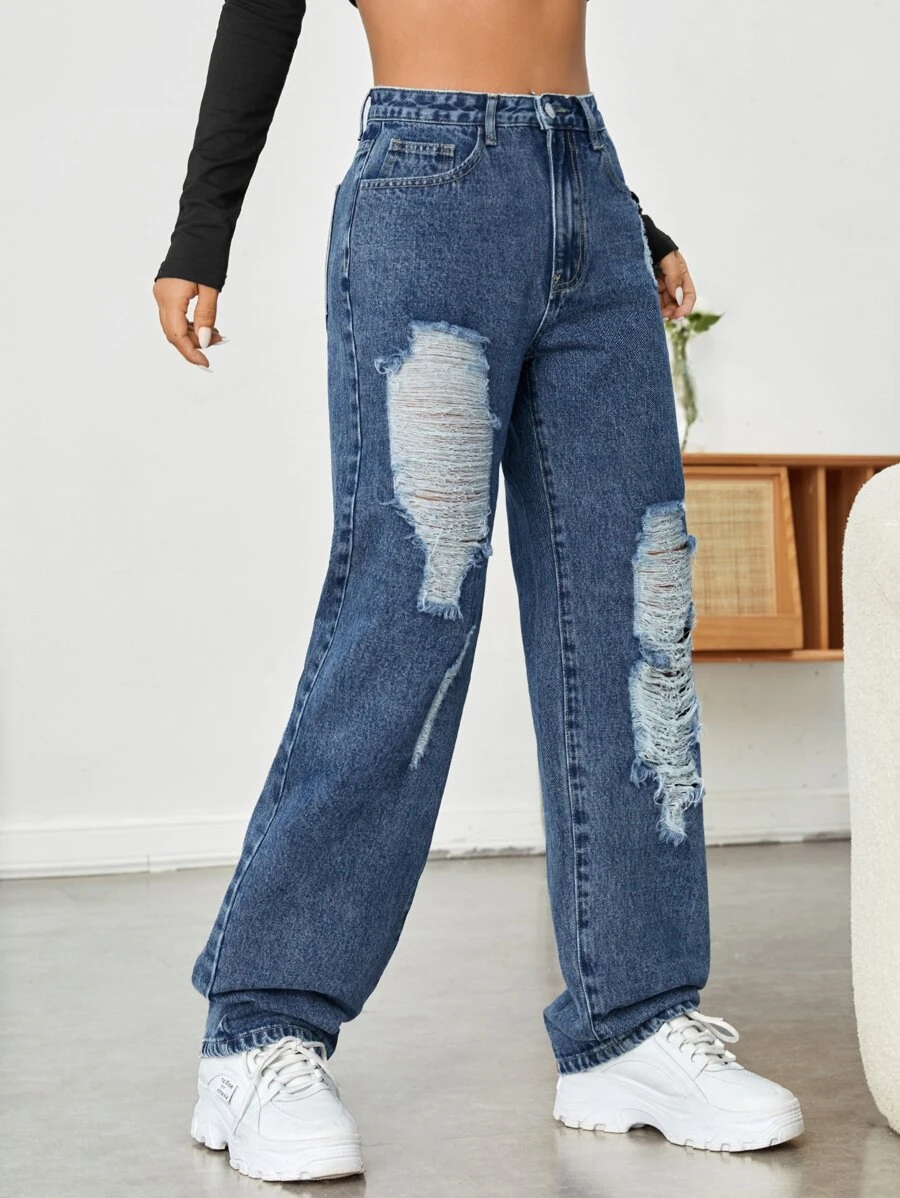 High Waist Ripped Straight Leg Jeans | SHEIN USA