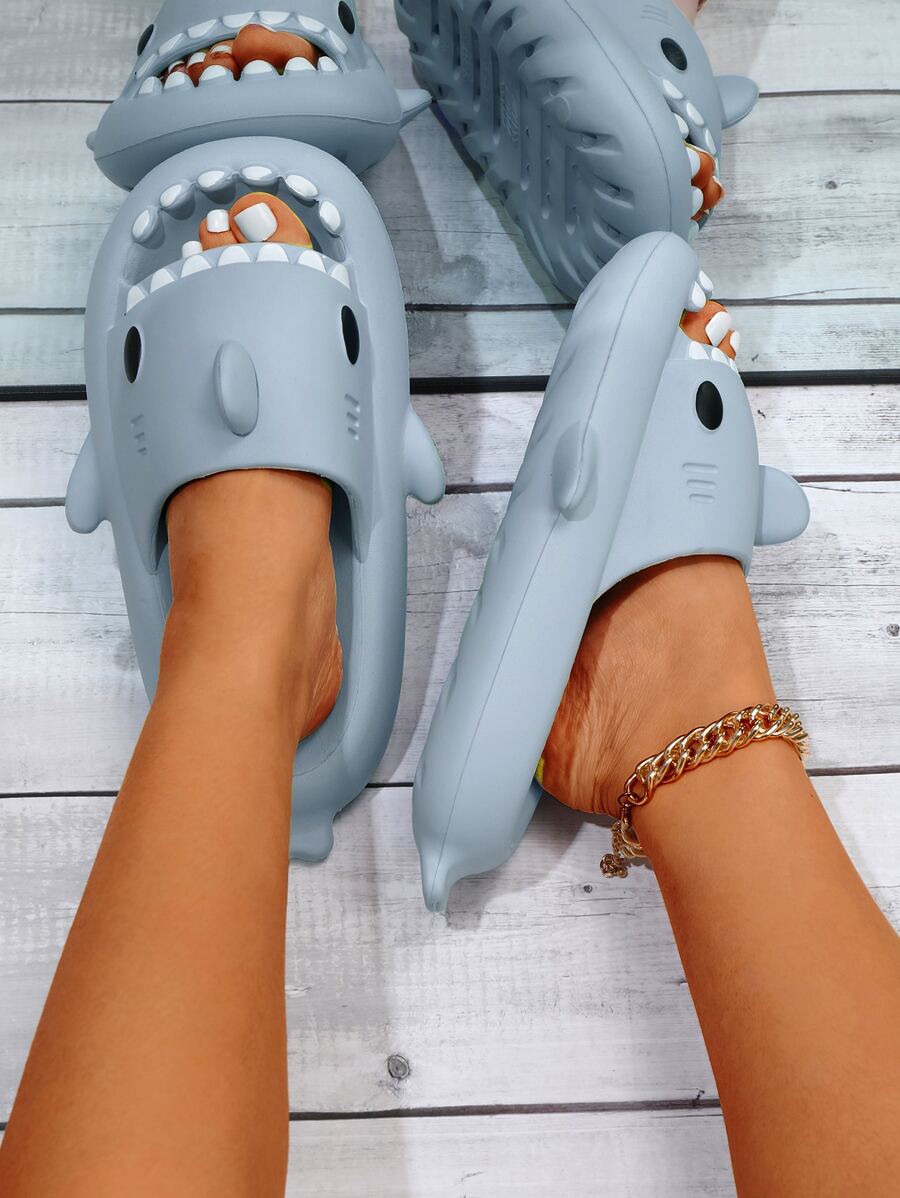 Women Shark Design Slides, Preppy Open Toe Flat Sandals For Daily ...