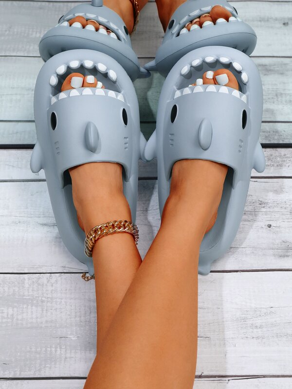 Women Shark Design Slides, Preppy Open Toe Flat Sandals For Daily ...