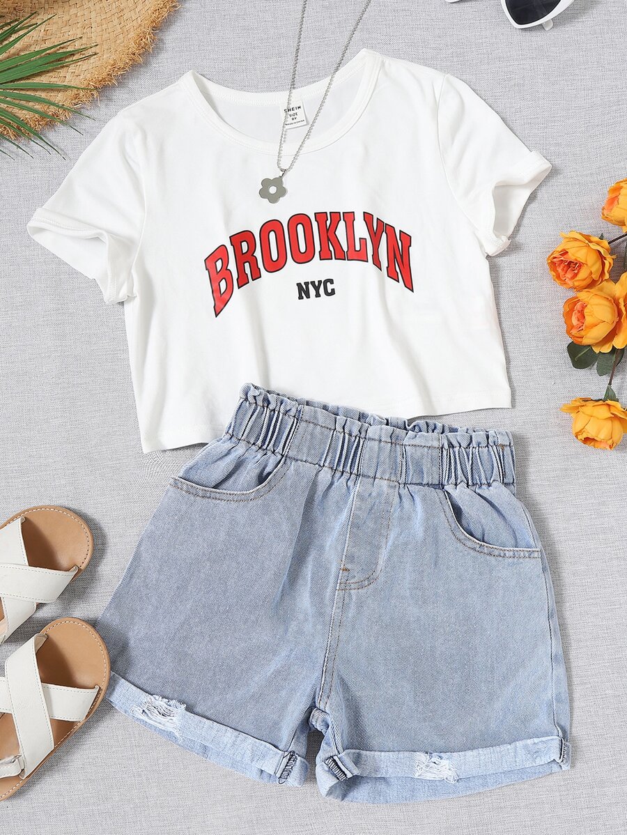 Girls Letter Graphic Tee & Paperbag Waist Raw Cut Denim Shorts | SHEIN USA
