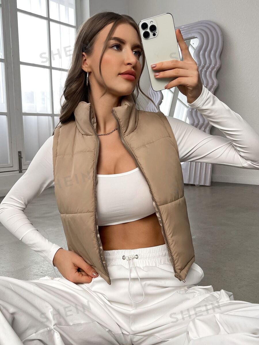 SHEIN EZwear Black Cool Zip Up Vest Puffer Coat | SHEIN UK