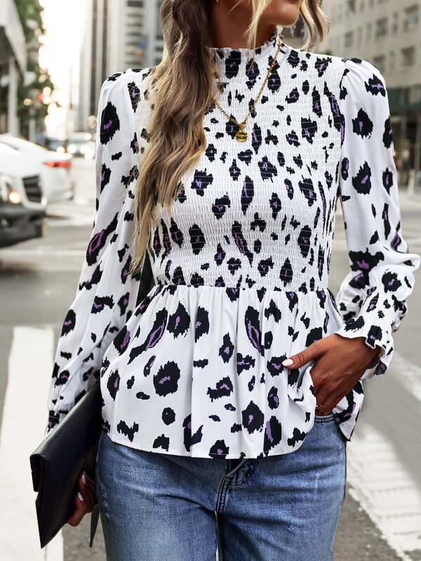 Shein Lune Allover Print Flounce Sleeve Shirred Peplum Blouse Shein Usa