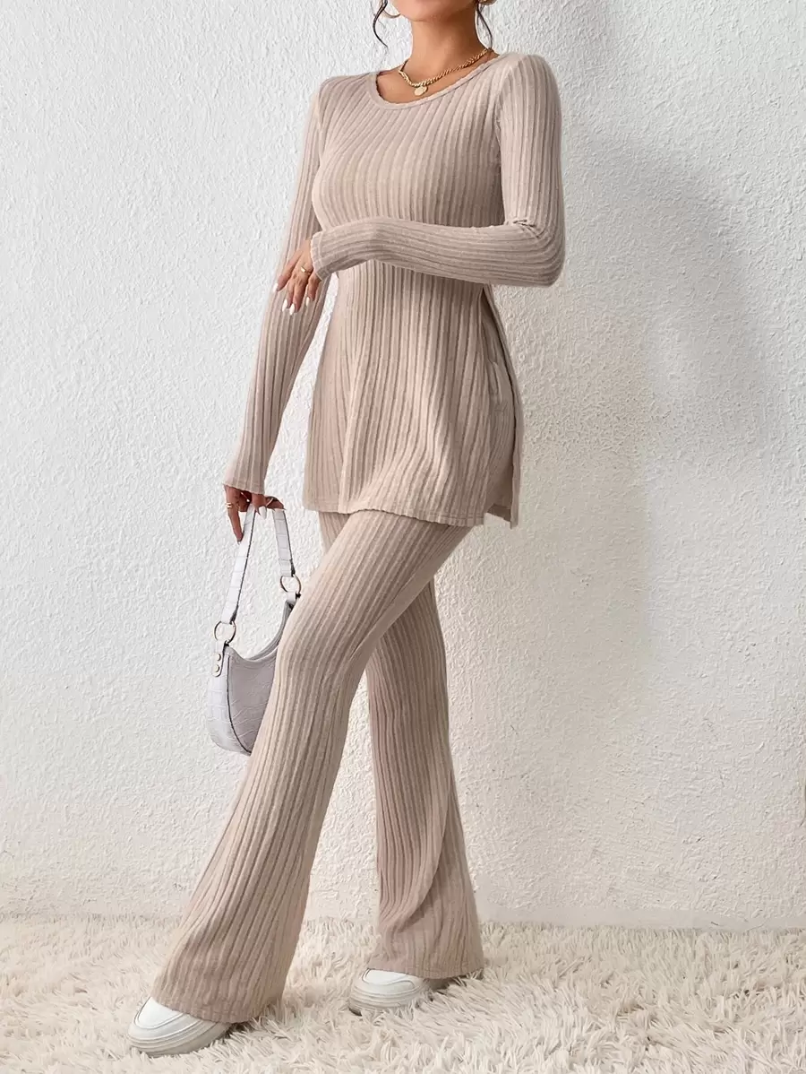 SHEIN Essnce Split Hem Tee & Flare Leg Pants | SHEIN USA