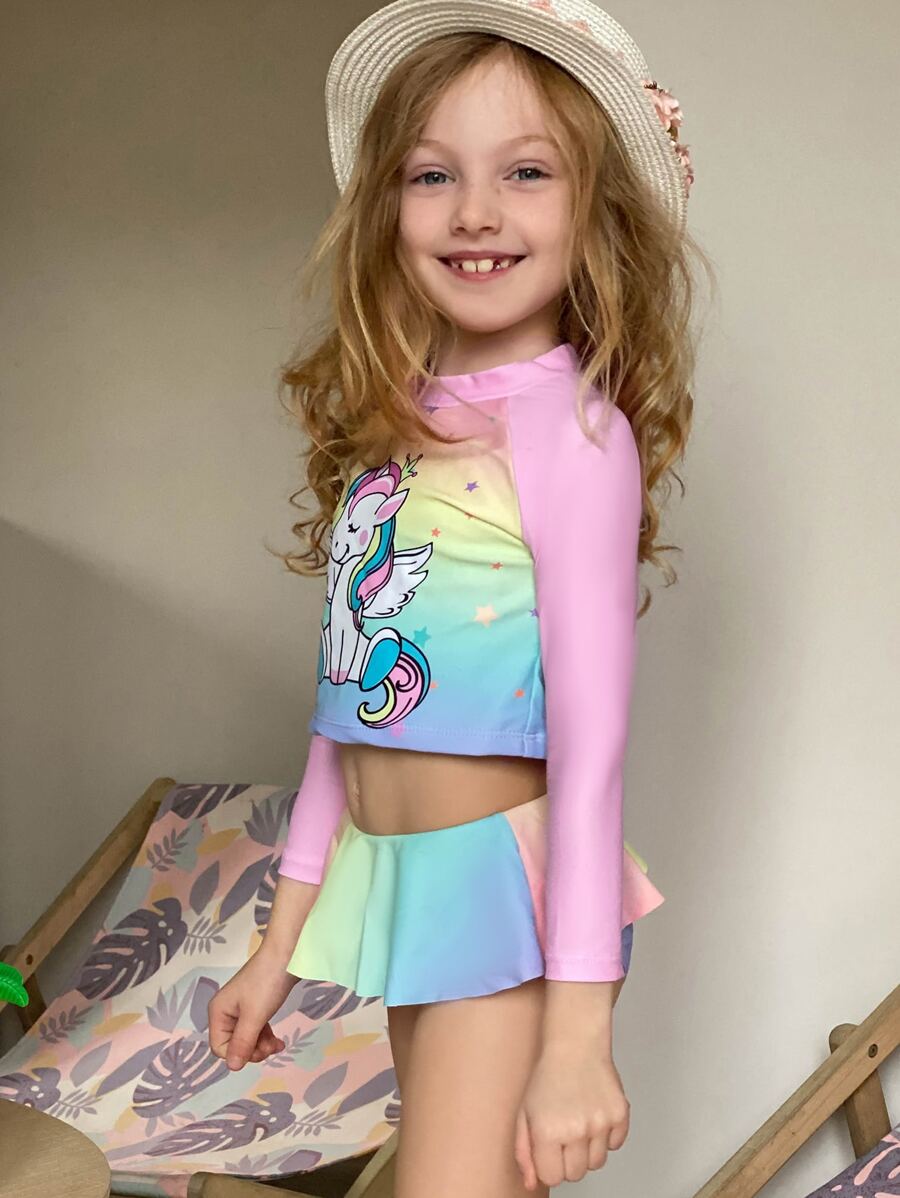 Young Girl Cartoon Unicorn Ruffle Hem Skort Bikini Set Summer Beach ...