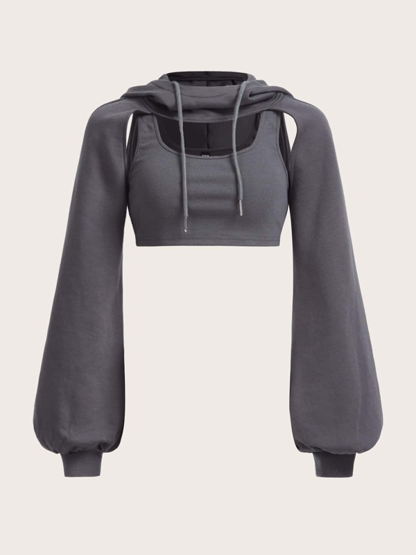 SHEIN ICON Solid Super Crop Drawstring Hoodie Without Cami Top | SHEIN UK