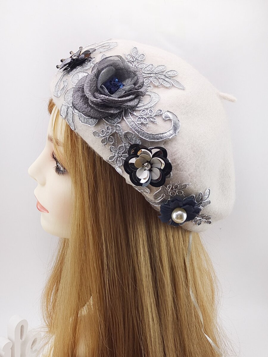 Wool-Mix Flower & Faux Pearl Decor Beret | SHEIN USA