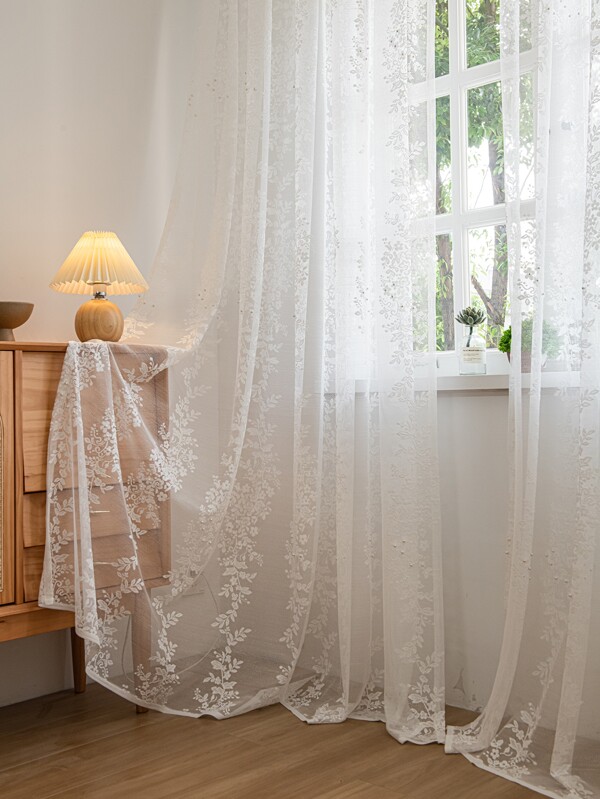 Floral Pattern Faux Pearl Decor Single Panel Sheer Curtain | SHEIN UK