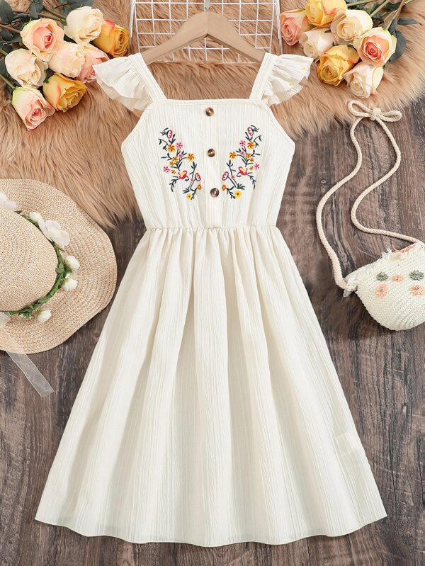 SHEIN Kids SUNSHNE Girls Floral Embroidery Ruffle Trim Dress | SHEIN USA