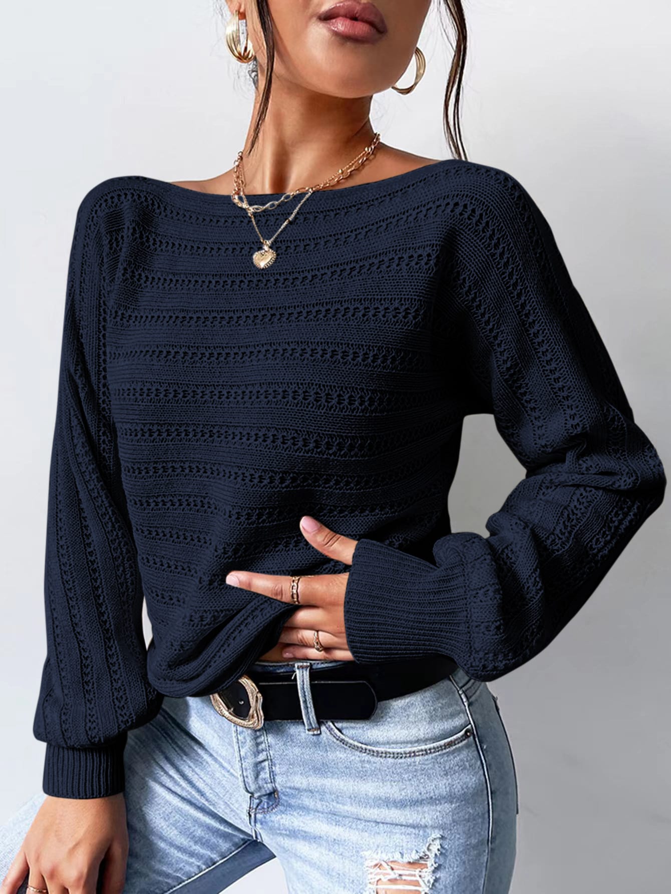 SHEIN LUNE Batwing Sleeve Pointelle Knit Jumper | SHEIN UK
