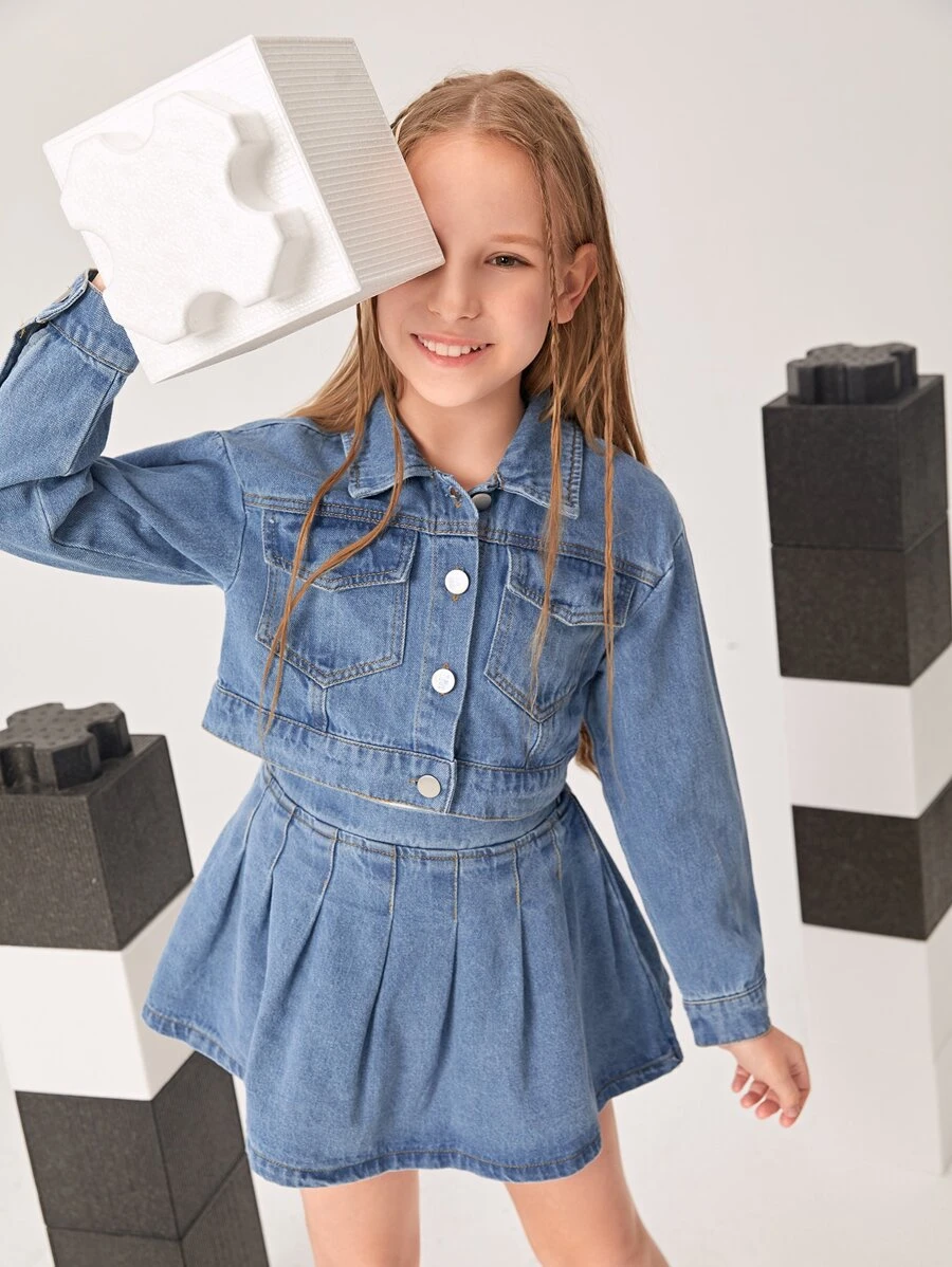 Tween Girl Flap Pocket Denim Jacket & Pleated Denim Skirt | SHEIN USA