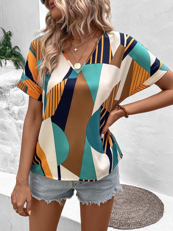 Shein Lune Striped And Geo Print Batwing Sleeve Blouse Shein Uk