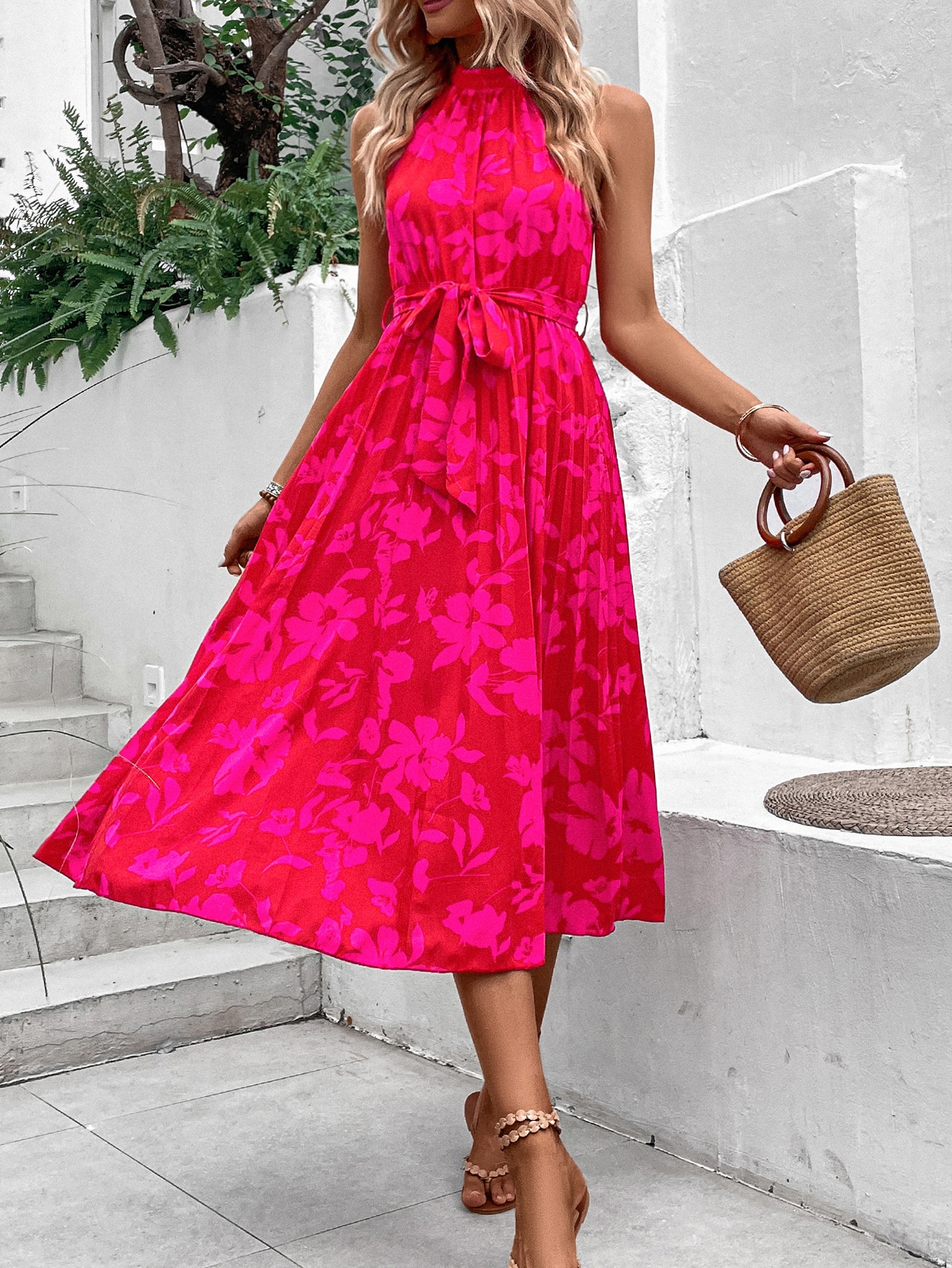 SHEIN VCAY Floral Print Belted Halter Dress | SHEIN USA