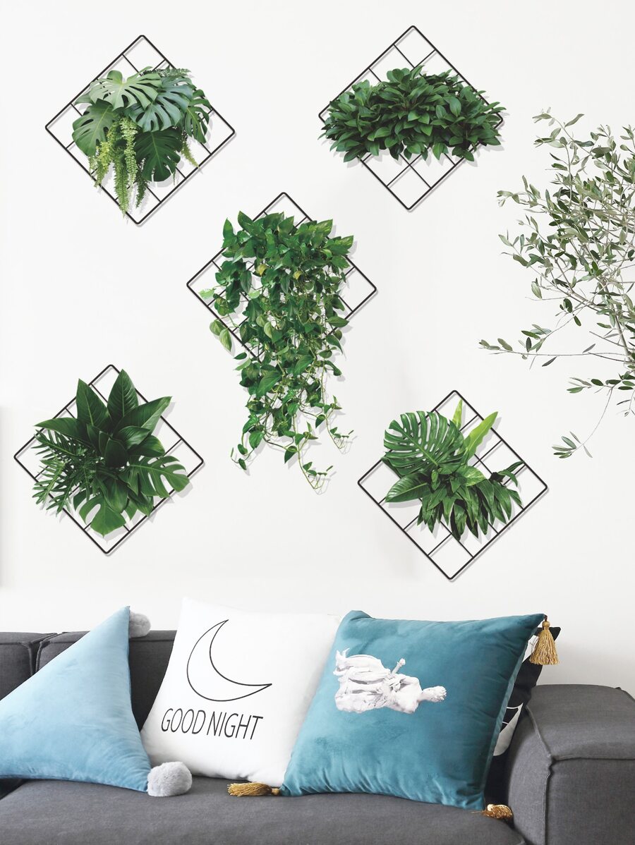 6pcs/set Plant Print Wall Sticker, Self Adhesive Wall Art Decal For ...