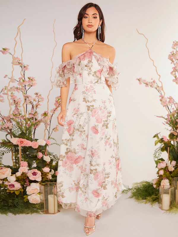 SHEIN Belle Floral Print Ruffle Trim Cold Shoulder Bridesmaid Dress ...