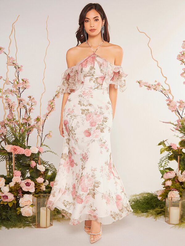 SHEIN Belle Floral Print Ruffle Trim Cold Shoulder Bridesmaid Dress ...