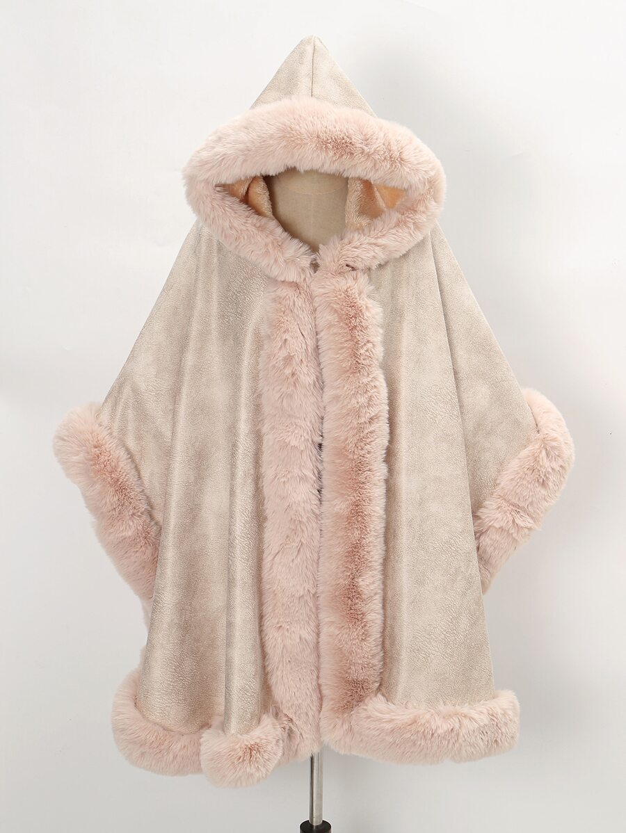 Fuzzy Trim Hooded Shawl | SHEIN USA