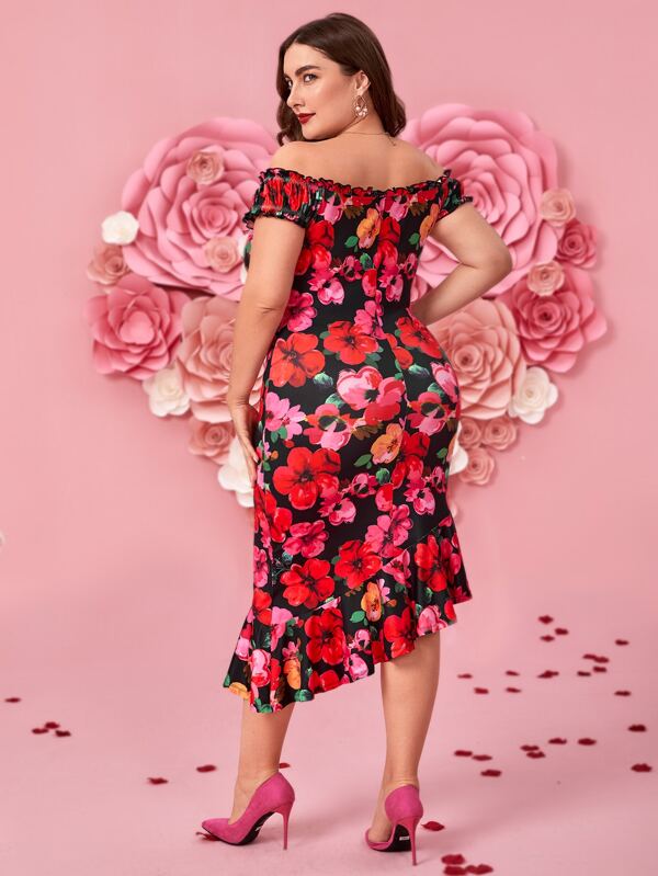 SHEIN Clasi Plus Floral Print Off Shoulder Ruffle Hem Dress | SHEIN USA