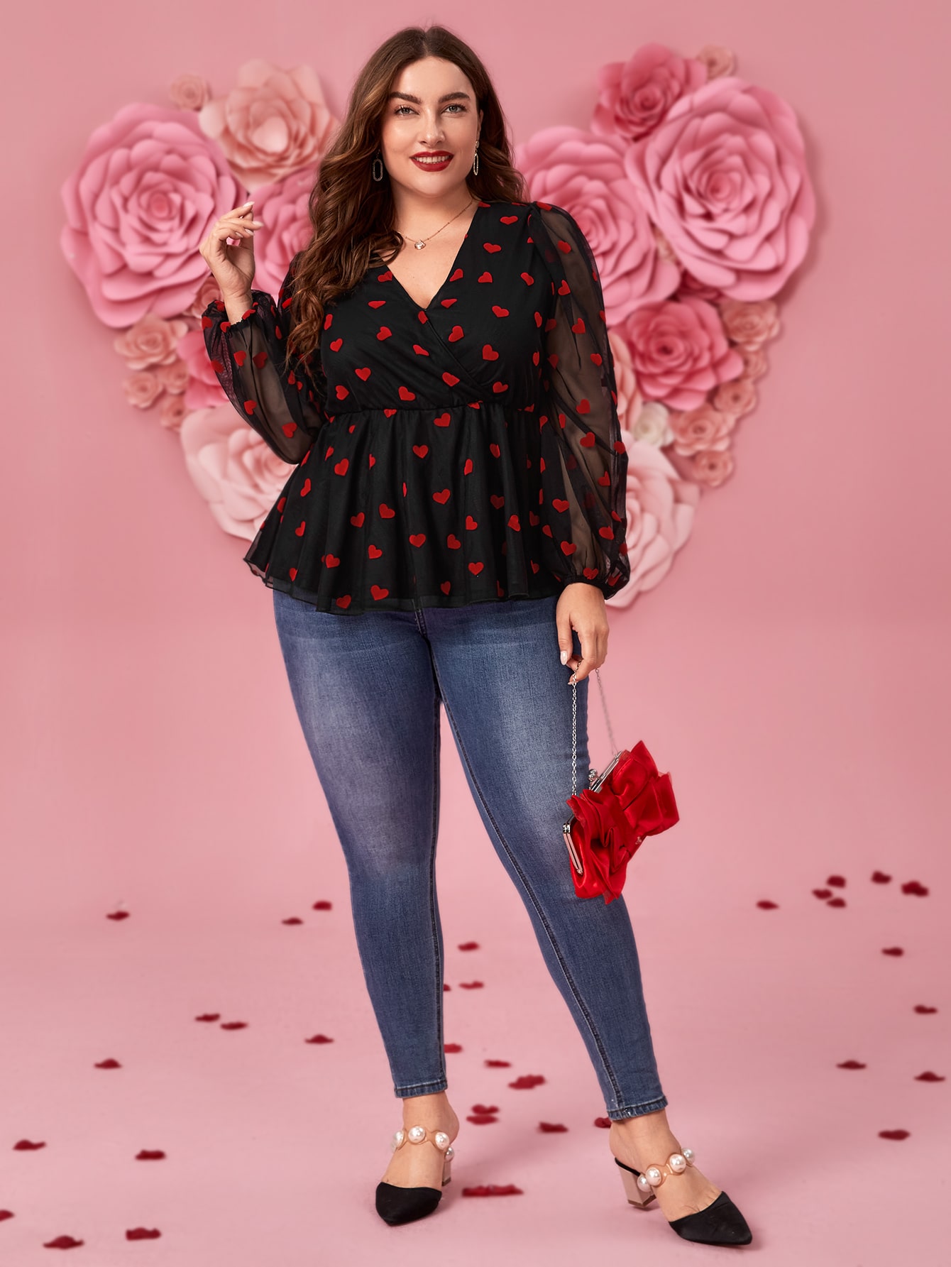 SHEIN Clasi Elegant Geometrisch Hart Volledig geprint Grote maat blouse Contrast doorschijnend ...