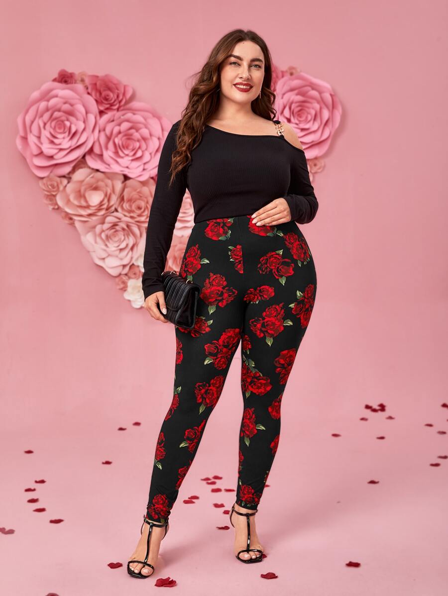 Shein Tall Plus Size Women High Waist Slimming Rose Floral Print Leggings Casual Valentines