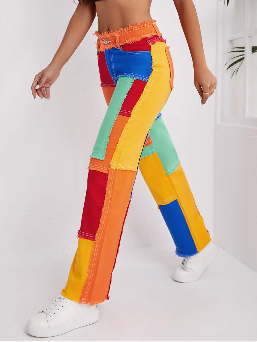 Colorblock Raw Trim Straight Leg Jeans | SHEIN USA
